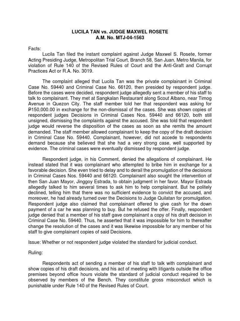 Tan Vs Rosete Digest | PDF | Complaint | Evidence