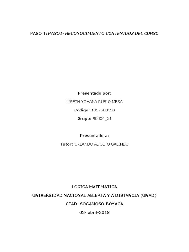 PASO 1 Reconocimiento Curso Liseth Rubio 1 PDF | PDF | Conjunto ...