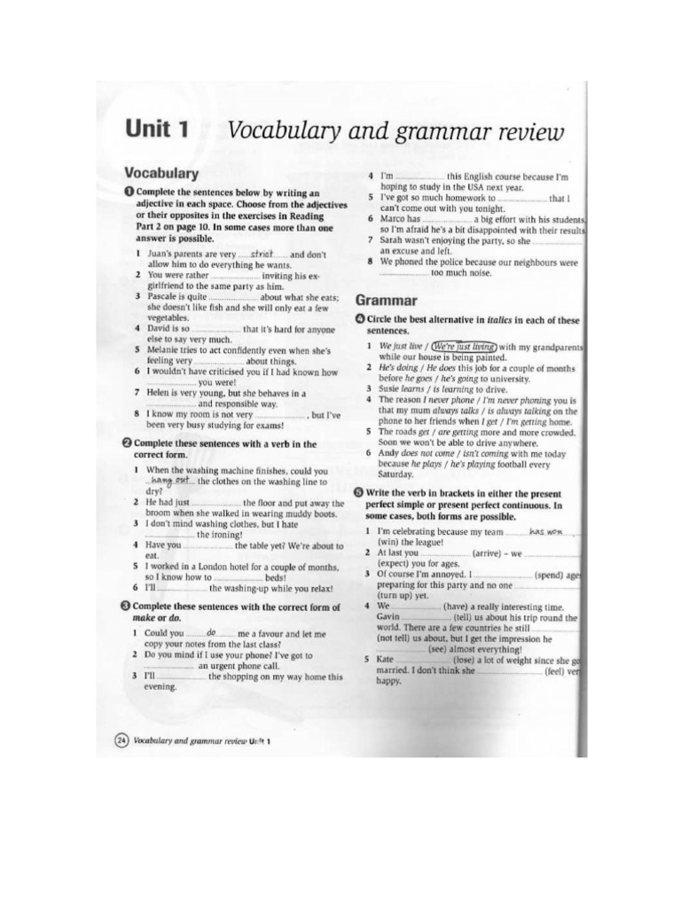 Vocabulary & Grammar Review Units 1-2 | PDF