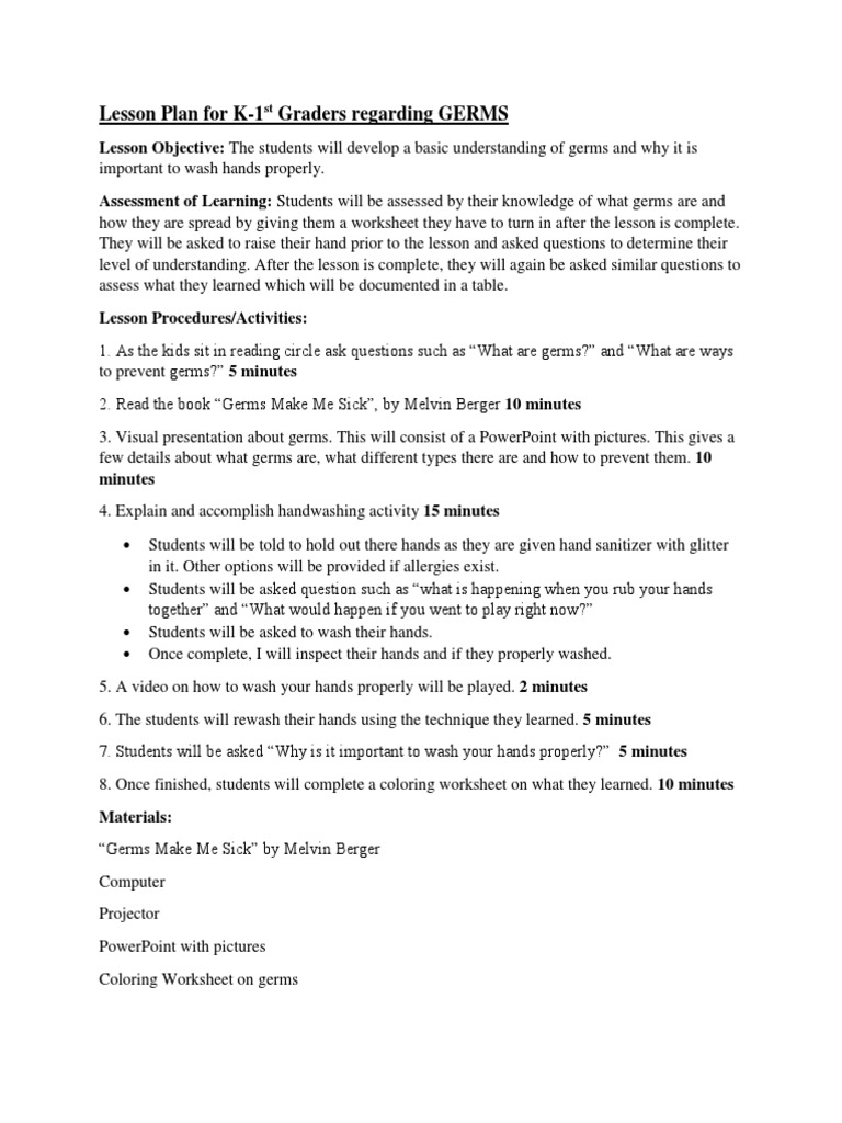 Lesson Plan For K-1 Graders Regarding GERMS | PDF