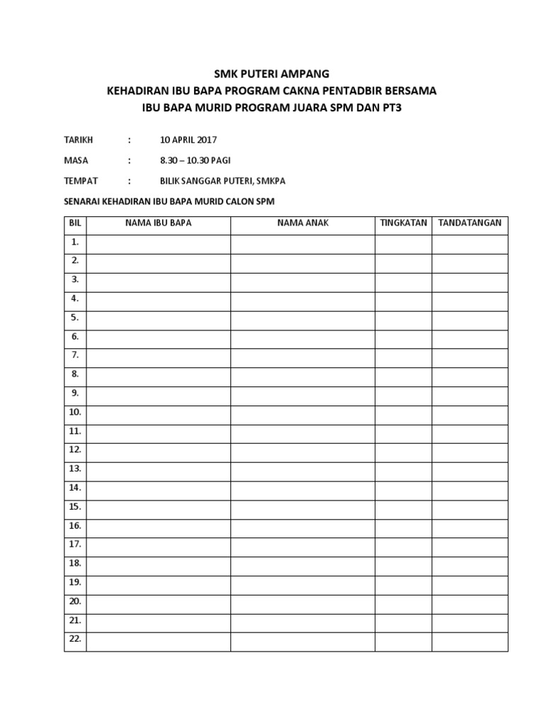 Borang Kehadiran Ibu Bapa Program Cakna Ilmu | PDF