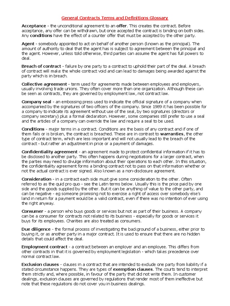 General Contracts Terms and Definitions Glossary | PDF | Contractual ...