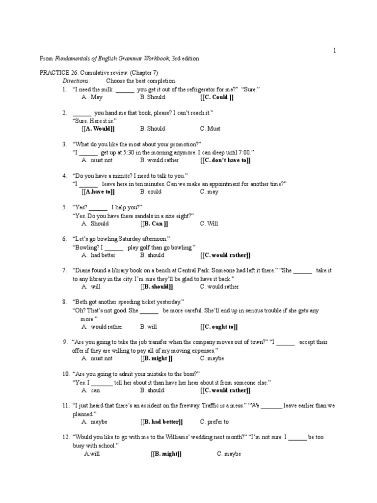 Azar Workbook Review With Answers | PDF