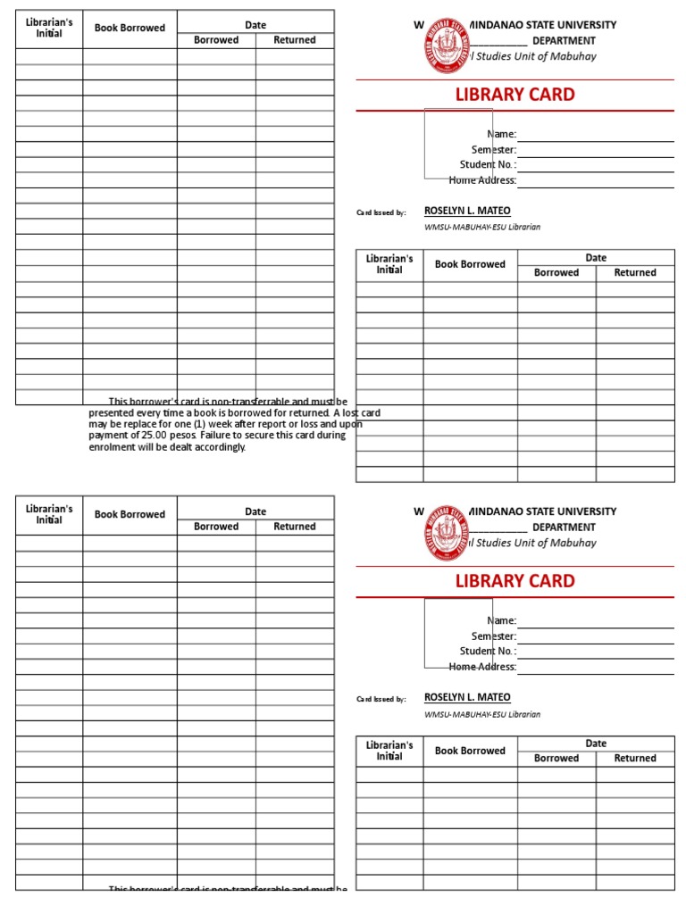 Library Card: External Studies Unit of Mabuhay | PDF | Librarian ...