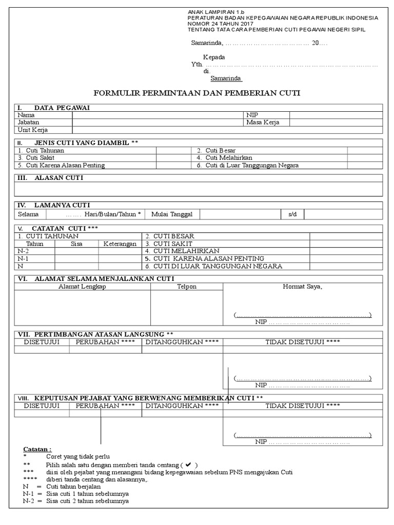 Formulir Cuti PNS Sesuai Perka BKN 24/2017 | PDF
