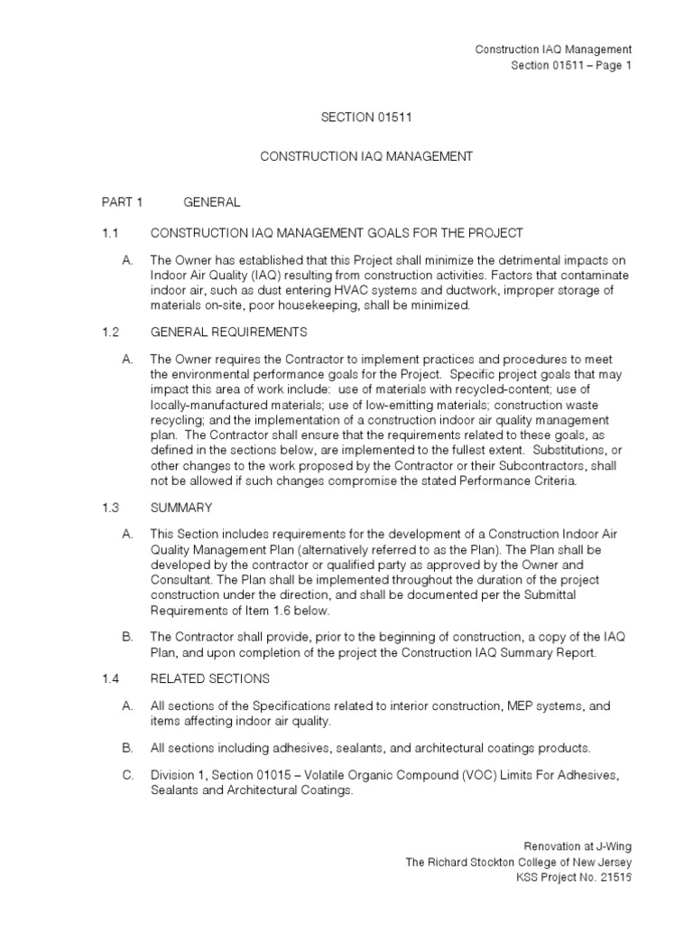 Construction IAQ Management Section 01511 - Page 1 | PDF | Duct (Flow ...