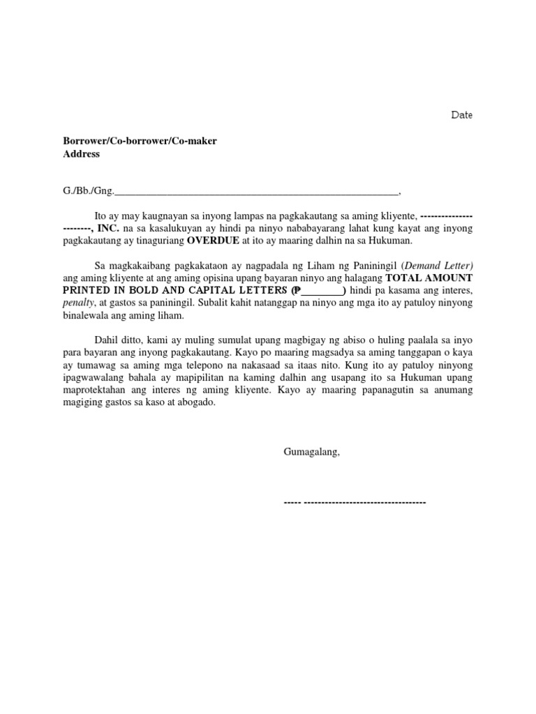 Demand Letter Format - Tagalog | PDF