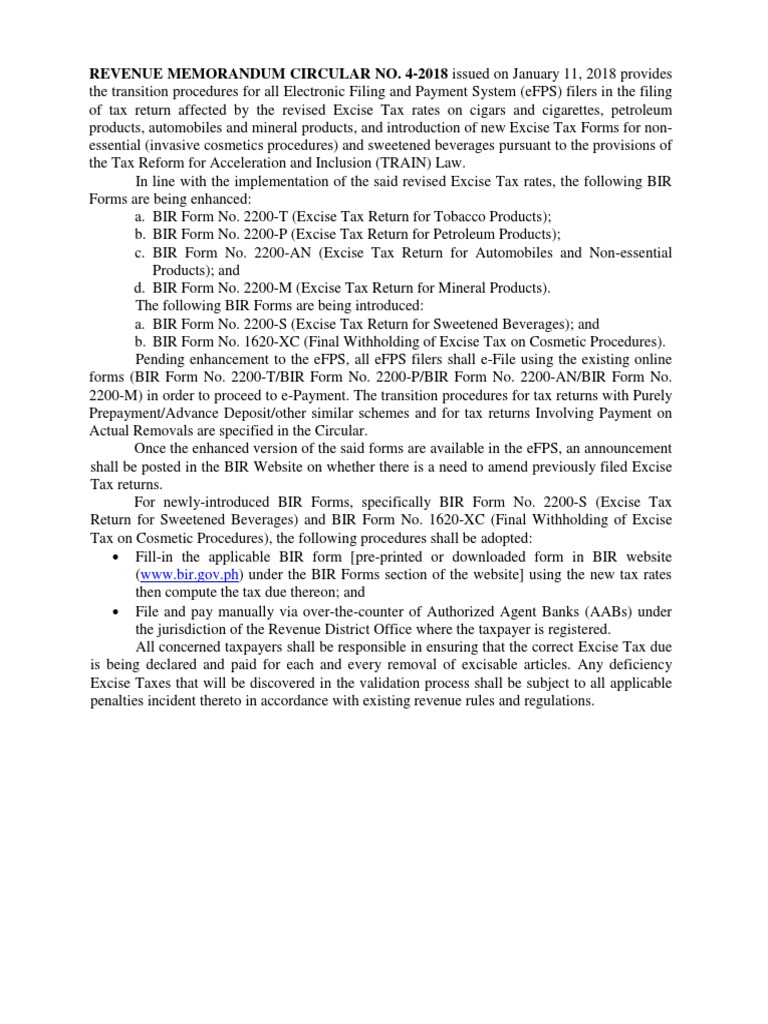 REVENUE MEMORANDUM CIRCULAR NO. 4-2018 Issued On January 11, 2018 ...