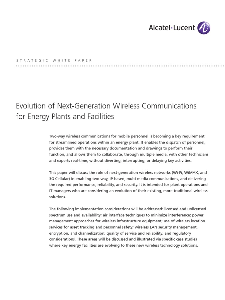Evolution of Next-Generation Wireless Communications For Energy Plants ...
