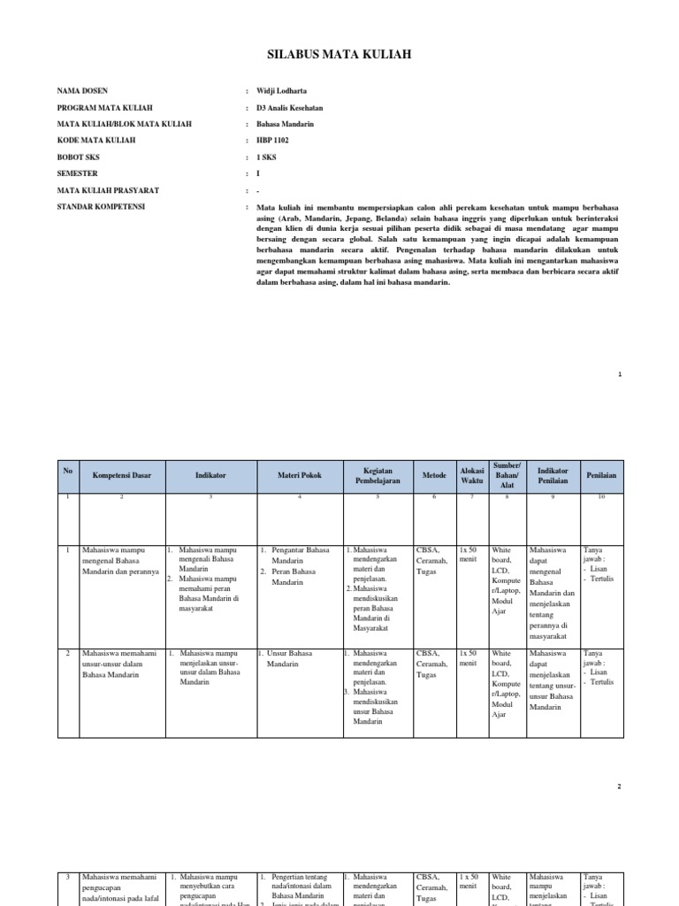 Silabus Mandarin I | PDF | Karier & Perkembangan | Seni & Disiplin Bahasa