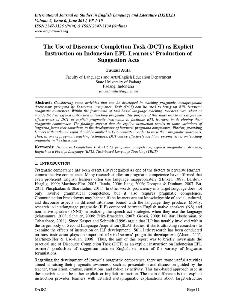 The Use of Discourse Completion Task (DCT) As Explicit Instruction On Indonesian EFL Learners ...