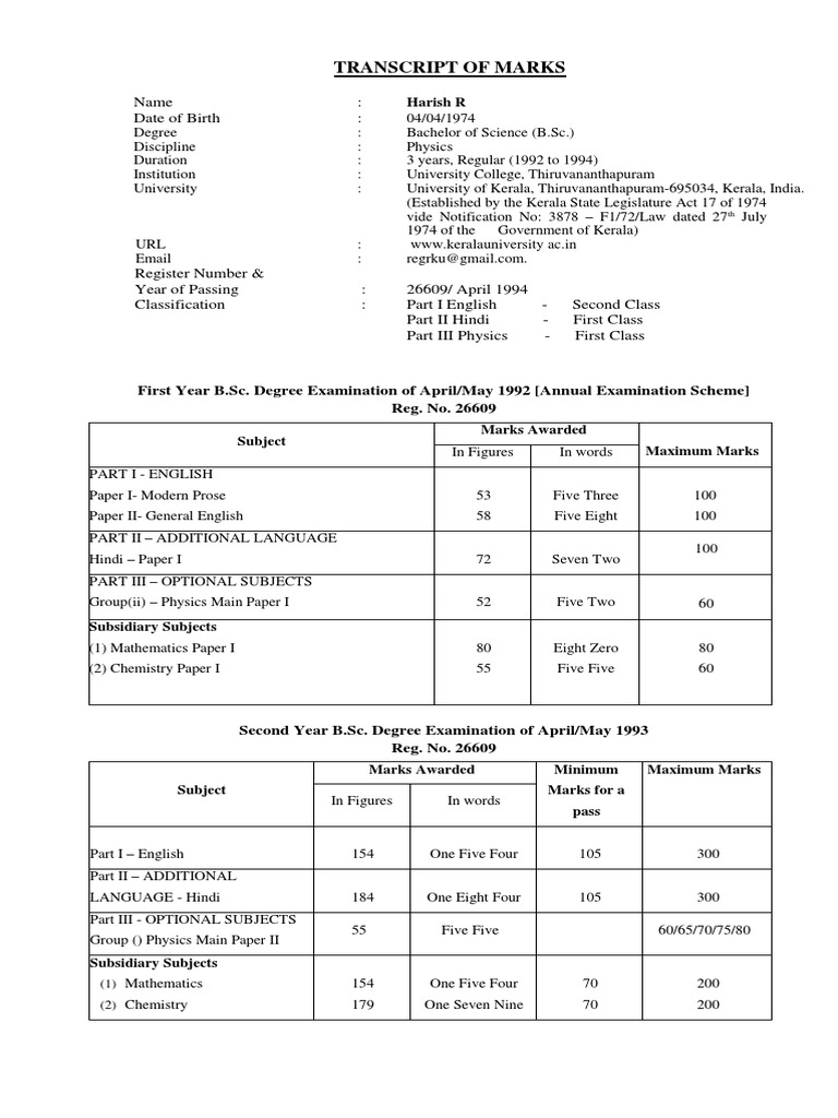 Transcript of Marks: Name: Date of Birth | PDF | Bachelor Of Science ...