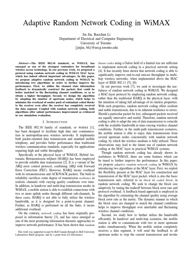 Adaptive Random Network Coding In Wimax Pdf Forward Error Correction Computer Network