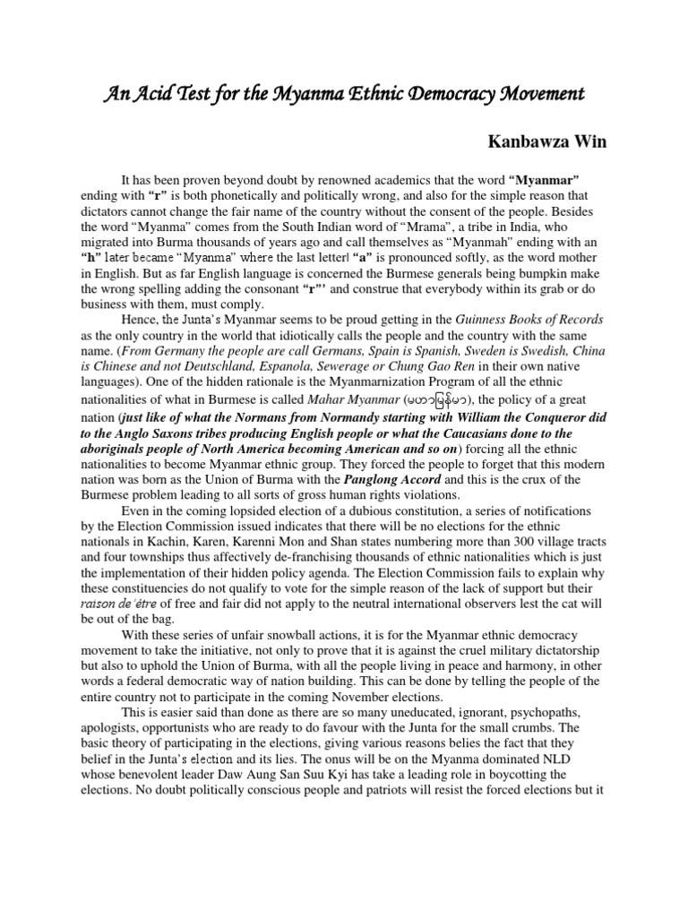 An Acid Test For The Myanma Ethnic Democracy Movement: Kanbawza Win ...
