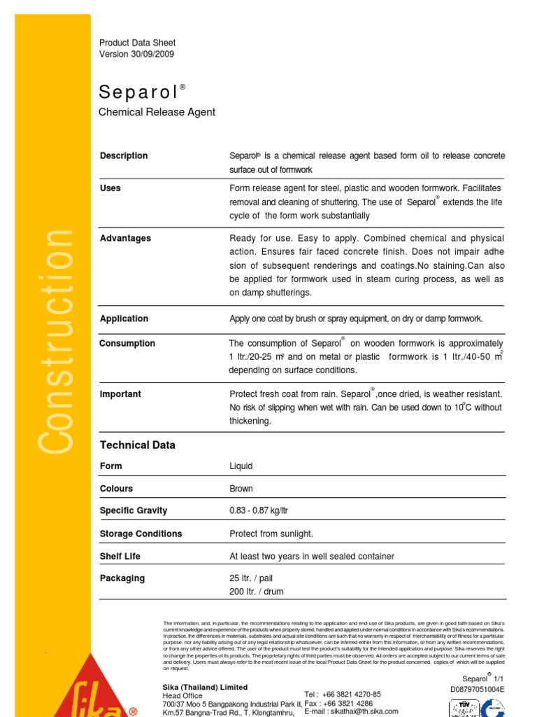 SIKA Separol Chemical Release Agent For Formwork | PDF | Concrete ...