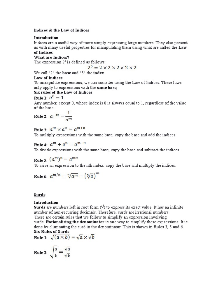 Indices, Surds and Log | PDF | Fraction (Mathematics) | Logarithm