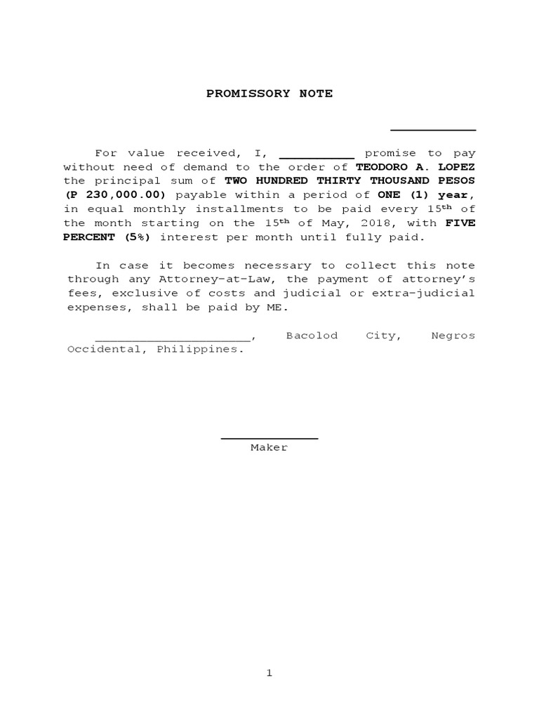 Promissory Note - : (P 230,000.00) Payable Within A Period of ONE (1 ...
