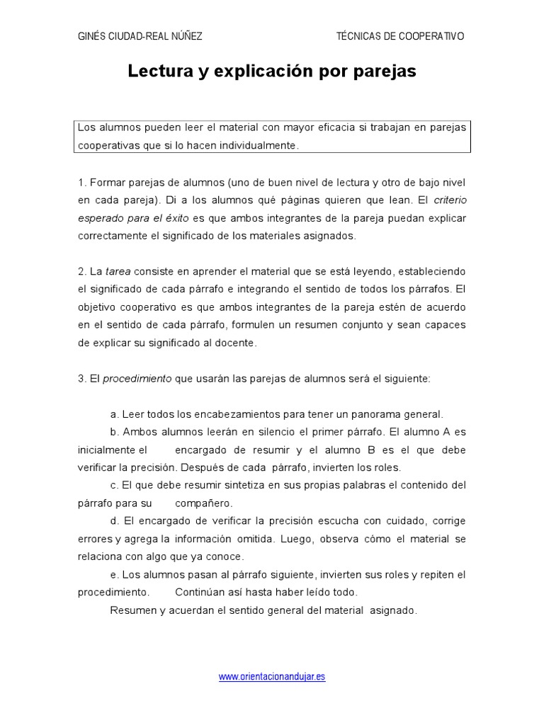 Lectura Cooperativa en Parejas | PDF | Lectura (proceso) | Maestros