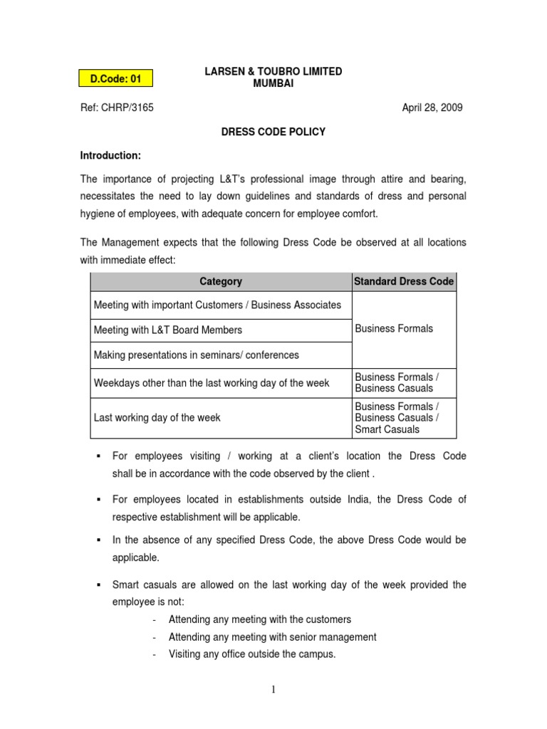 L&T Dress Code Policy Guidelines | PDF | Suit (Clothing) | Trousers