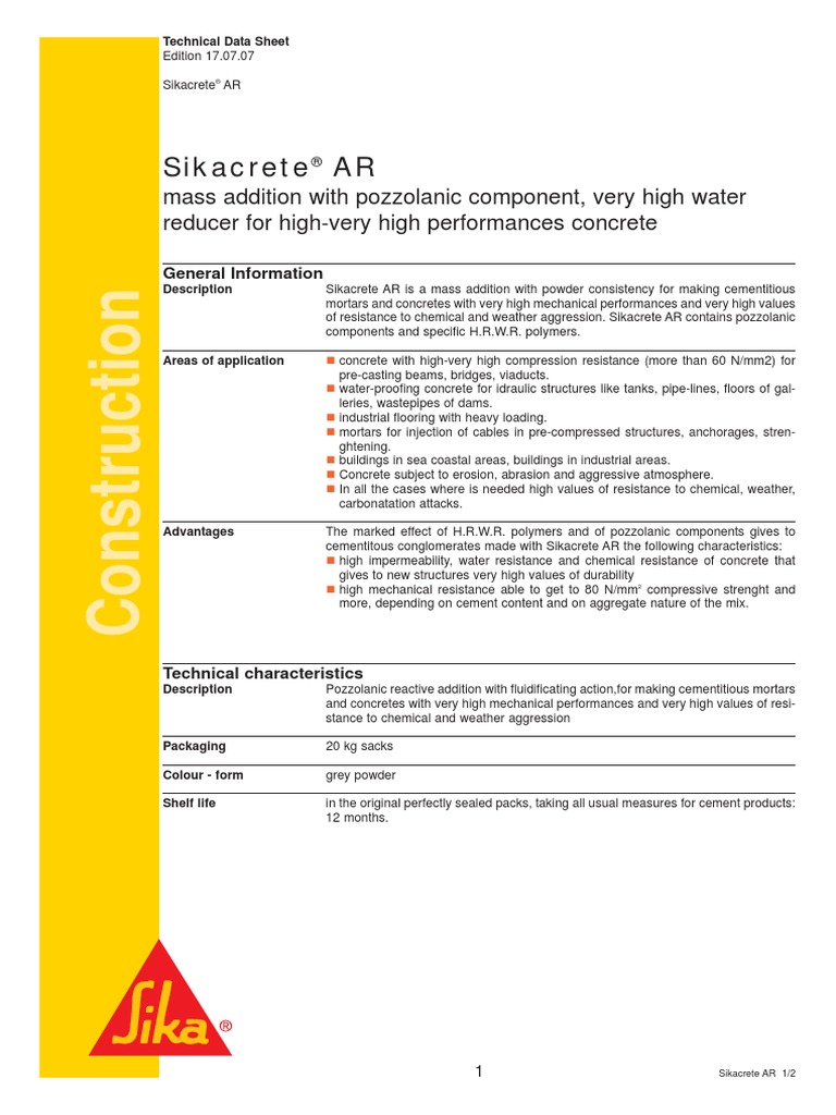 Sikacrete AR: Mass Addition With Pozzolanic Component, Very High Water ...
