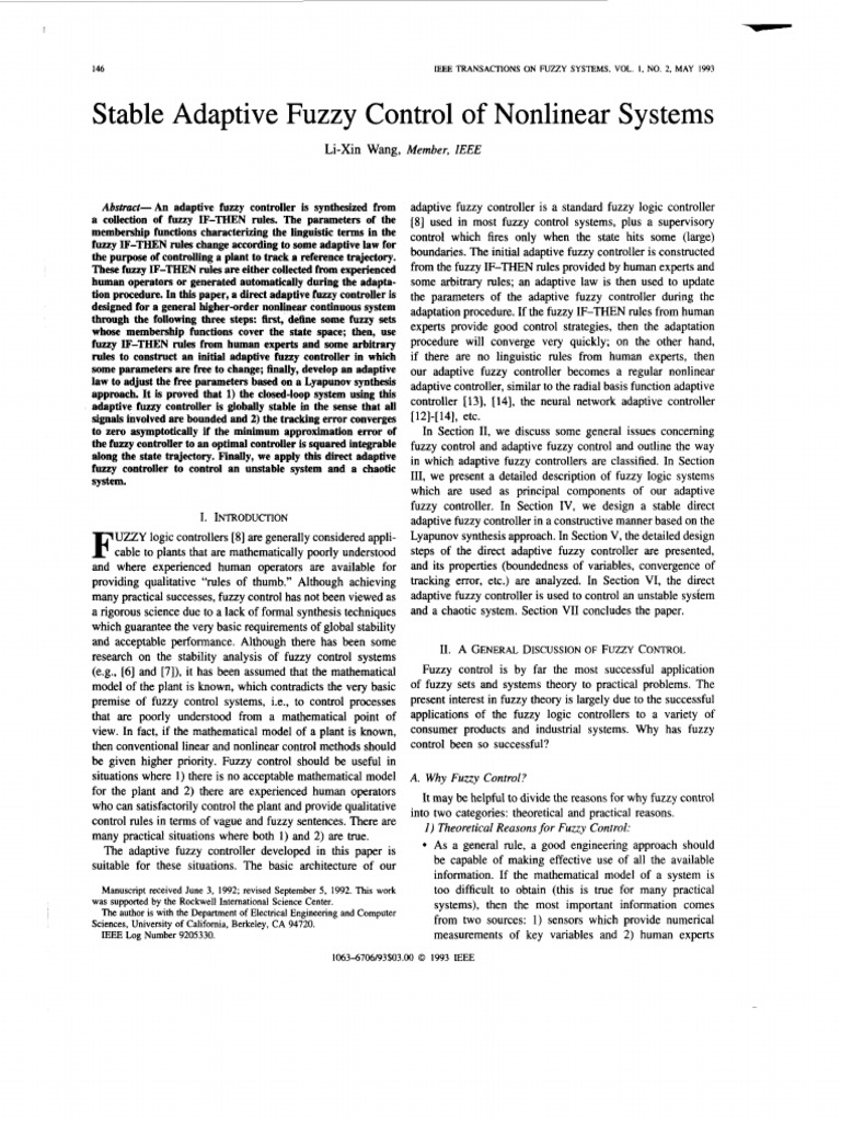 Stable Adaptive Fuzzy Control of Nonlinear Systems: Li-Xin Wang | PDF | Control Theory | Fuzzy Logic