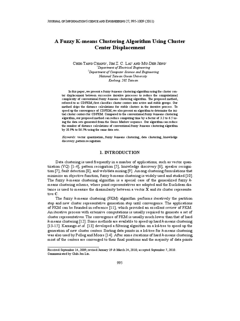 A Fuzzy K-Means Clustering Algorithm Using Cluster Center Displacement | Download Free PDF ...