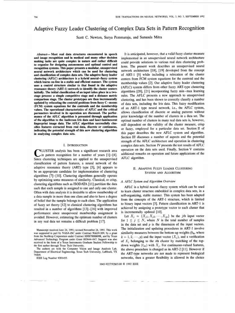 Adaptive Fuzzy Leader Clustering of Complex Data Sets in Pattern Recognition | PDF | Cluster ...