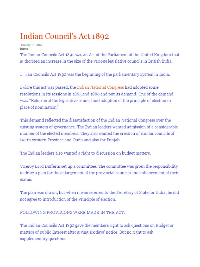 A Significant First Step: The Indian Councils Act of 1892 Begins ...