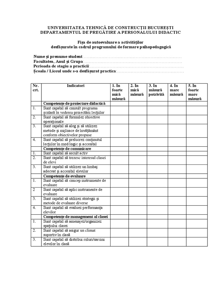 Fisa Autoevaluare Studenti | PDF
