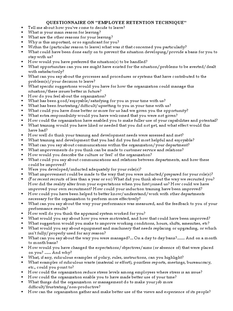 Questionnaire On "Employee Retention Technique" | PDF | Employee ...