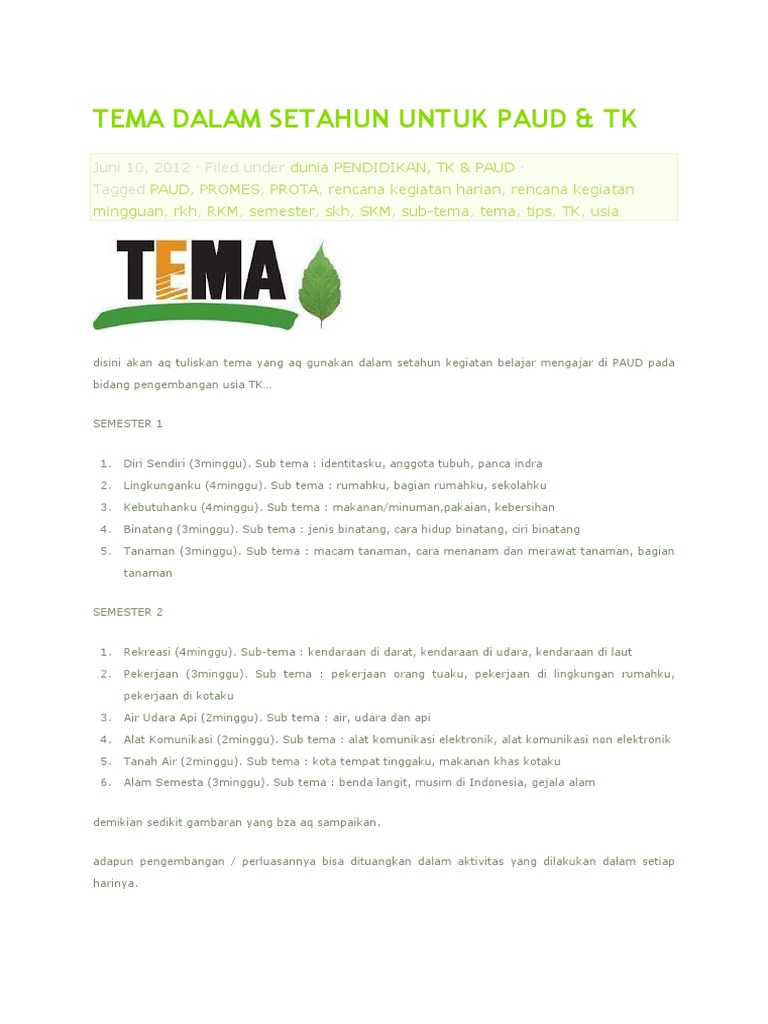 Tema PAUD dan Rencana Kegiatan TK | PDF | Karier & Perkembangan