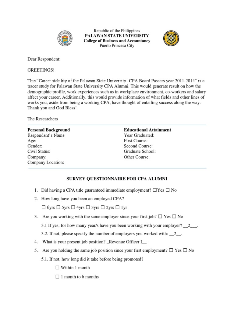 Survey Questionnaire For PSU CPAs Synthesis 1 | PDF | Certified Public ...