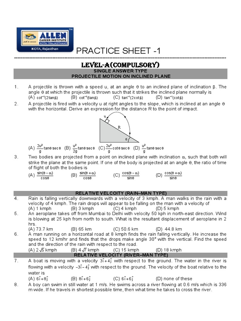 Projectile Motion and Relative Velocity Practice Problems | PDF ...