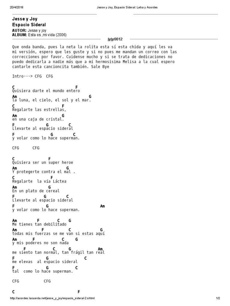 Jesse y Joy, Espacio Sideral - Letra y Acordes | PDF | Música grabada | Álbumes