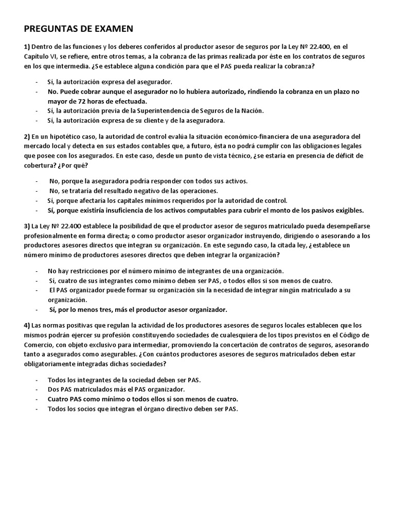 Preguntas de Examen | PDF | Póliza de seguros | Reaseguro