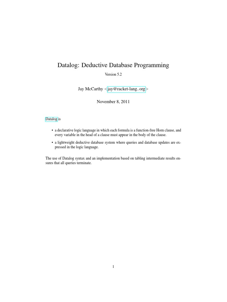 Datalog: Deductive Database Programming: Jay Mccarthy Jay@Racket-Lang ...