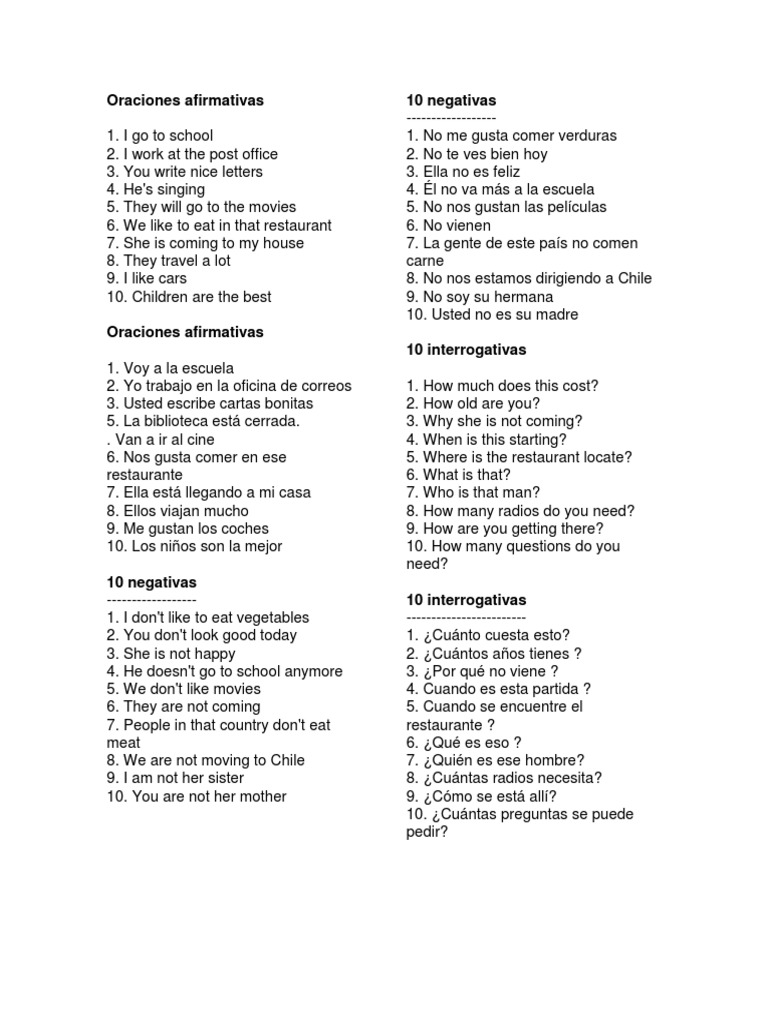 Oraciones afirmativas y negativas en inglés | PDF