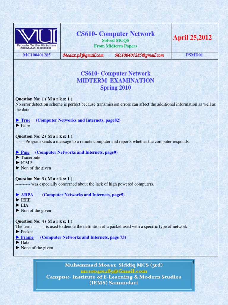 CS610 MIDTERMSOLVEDMCQSWITHREFRENCESby MOAAZ1 | PDF | Ethernet | Network Topology