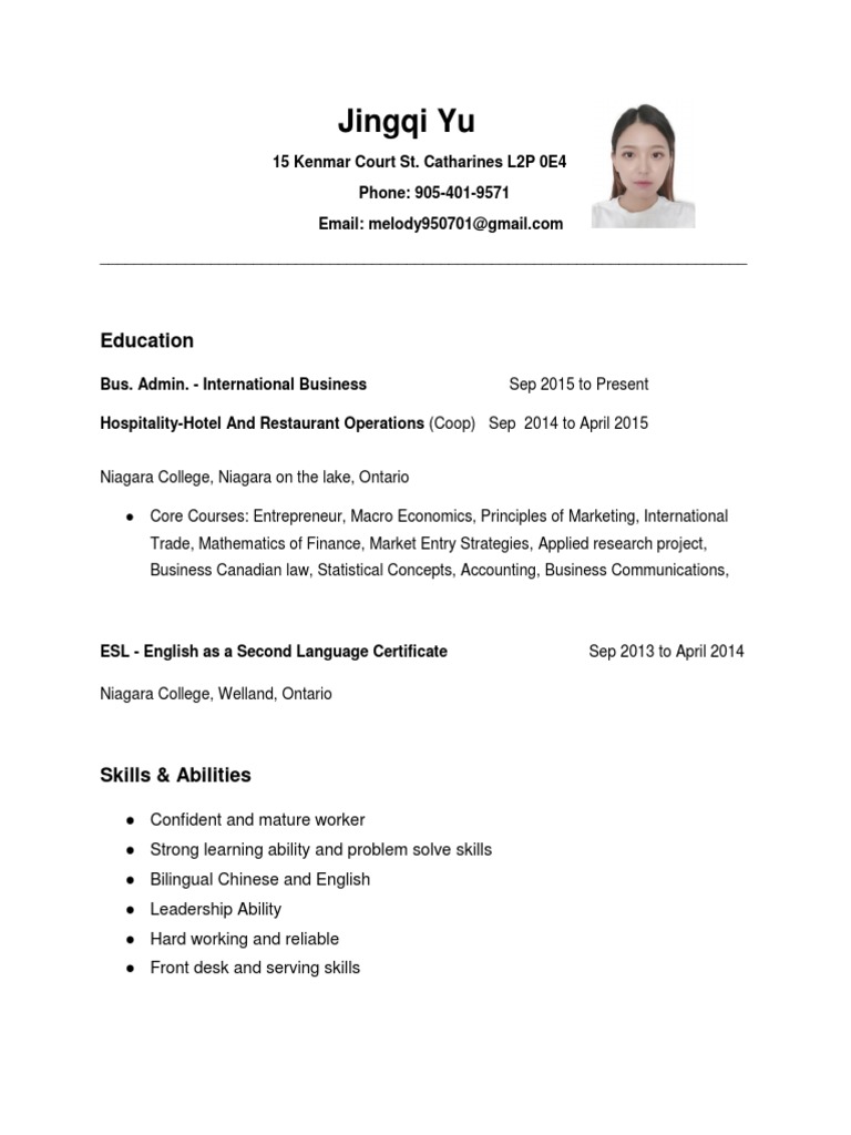 Jingqi Yu's Resume: Business & Hospitality | PDF