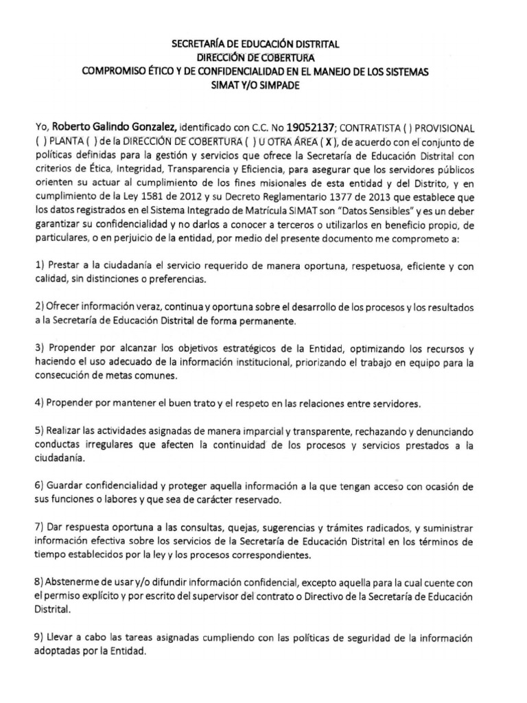 Formato de Compromiso Etico y de Confiabilidad | PDF