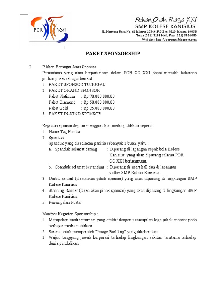 Paket Sponsorship POR CC XXI | PDF