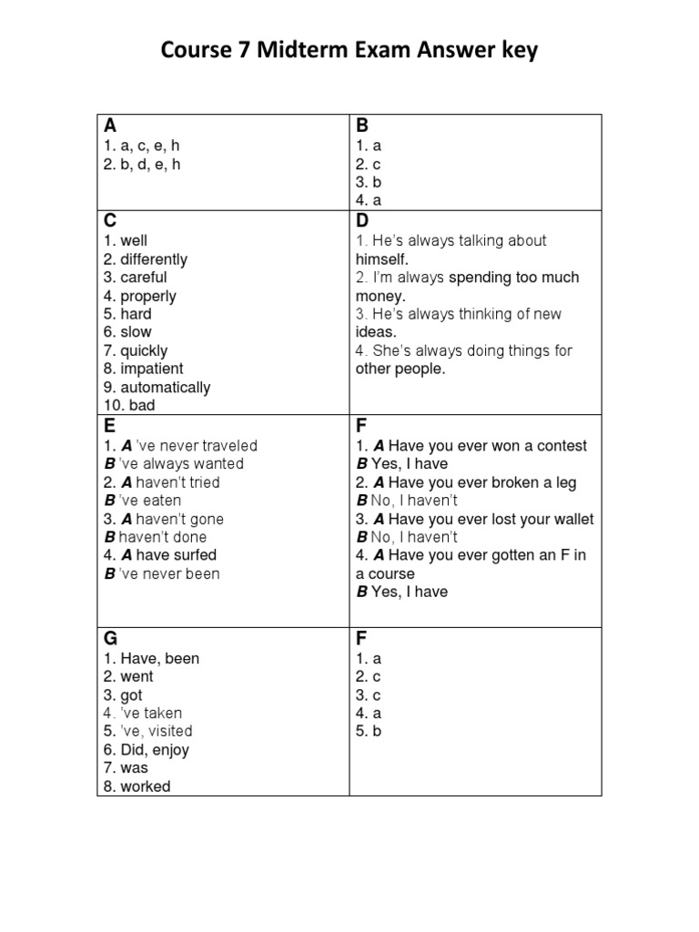 Course 7 Midterm Exam Answer Key: B B B B B Yes, I Have B B | PDF