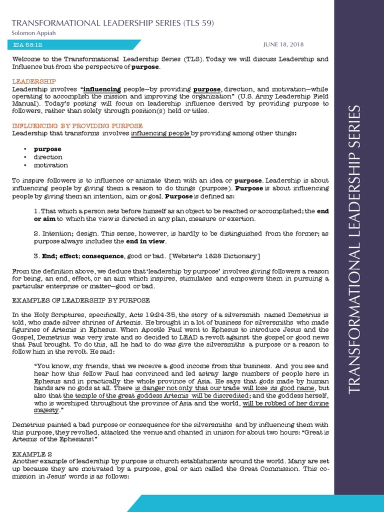 TLS 58 Leadership As Influence by Purpose | PDF | The Gospel | Leadership