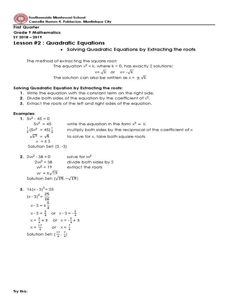 Solving Quadratic Equations by Roots | PDF | Quadratic Equation | Area