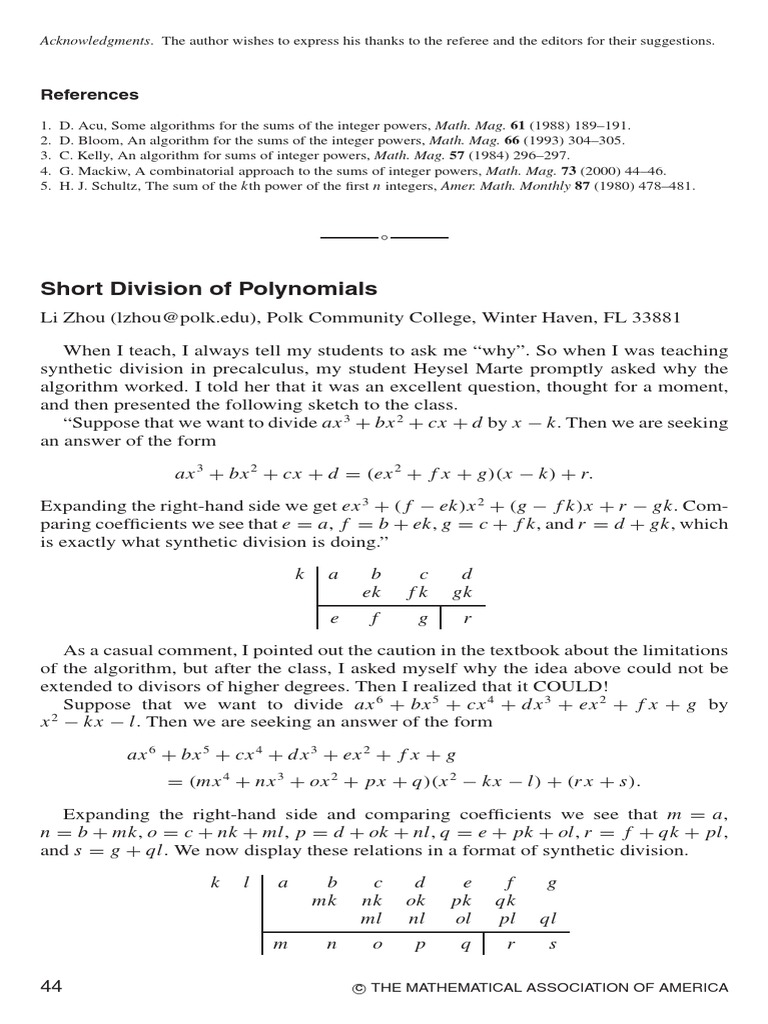 Short Division of Polynomials: References | PDF | Division (Mathematics ...