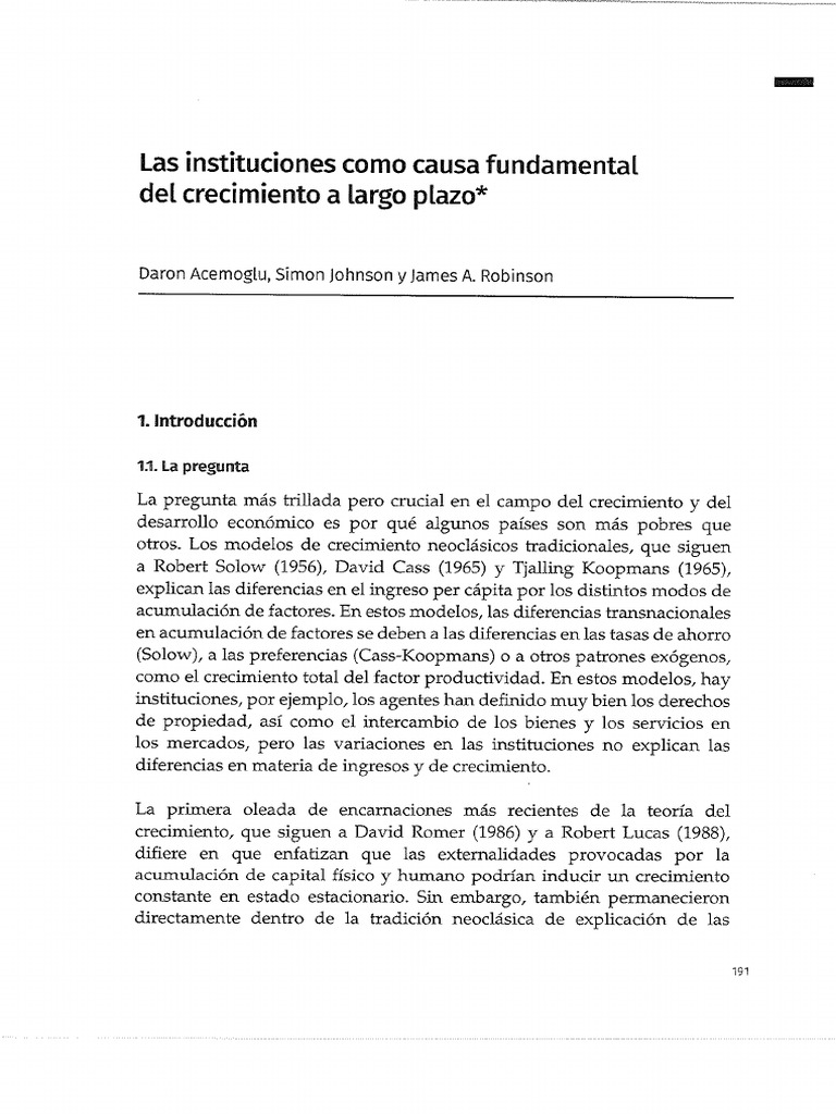 Acemoglu, Johnson y Robinson. Las Instituciones Como Causa Fundamental Del Crecimiento A Largo ...