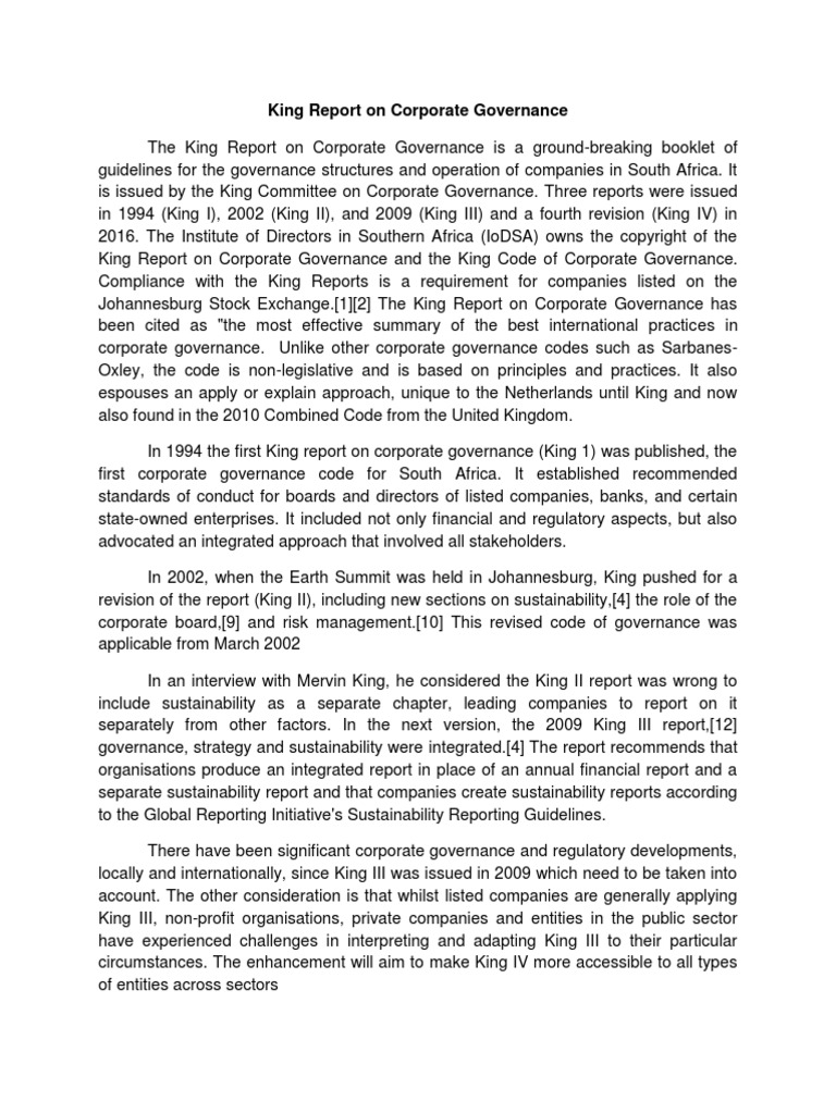 King Report On Corporate Governance | PDF | Public Sphere | Corporate Law