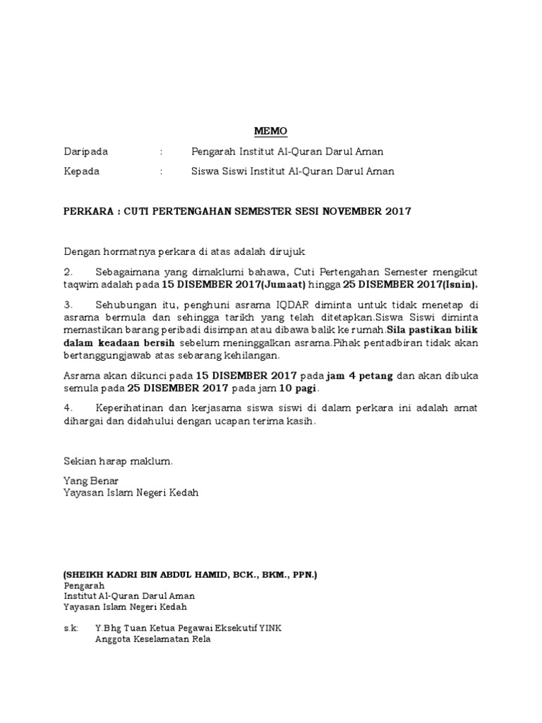 Memo Cuti Semester 2017 | PDF