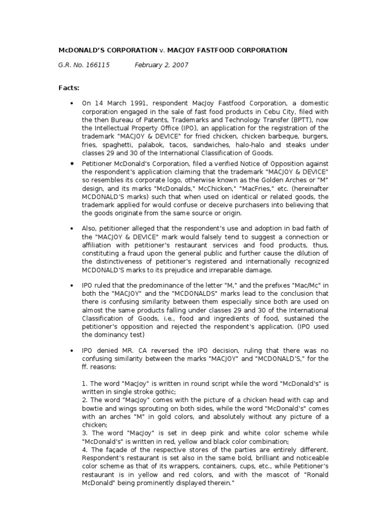 MCDO V MACJOY | PDF | Trademark | Mc Donald's