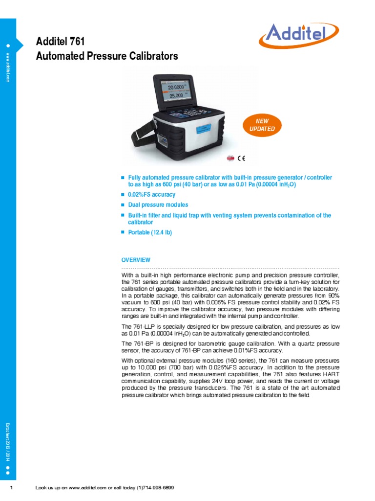 Additel 761 Pressure Calibrator Data Sheet | PDF | Calibration | Automation